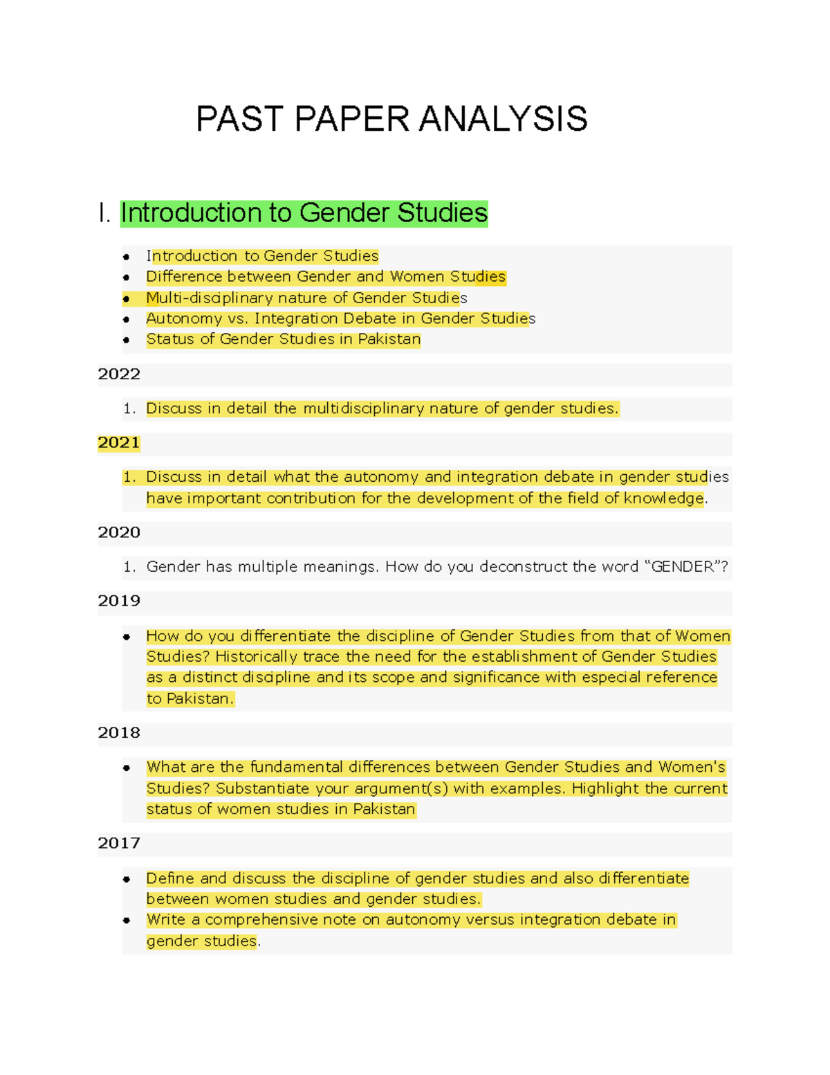 Analysis Past paper - PAST PAPER ANALYSIS I. Introduction to Gender ...