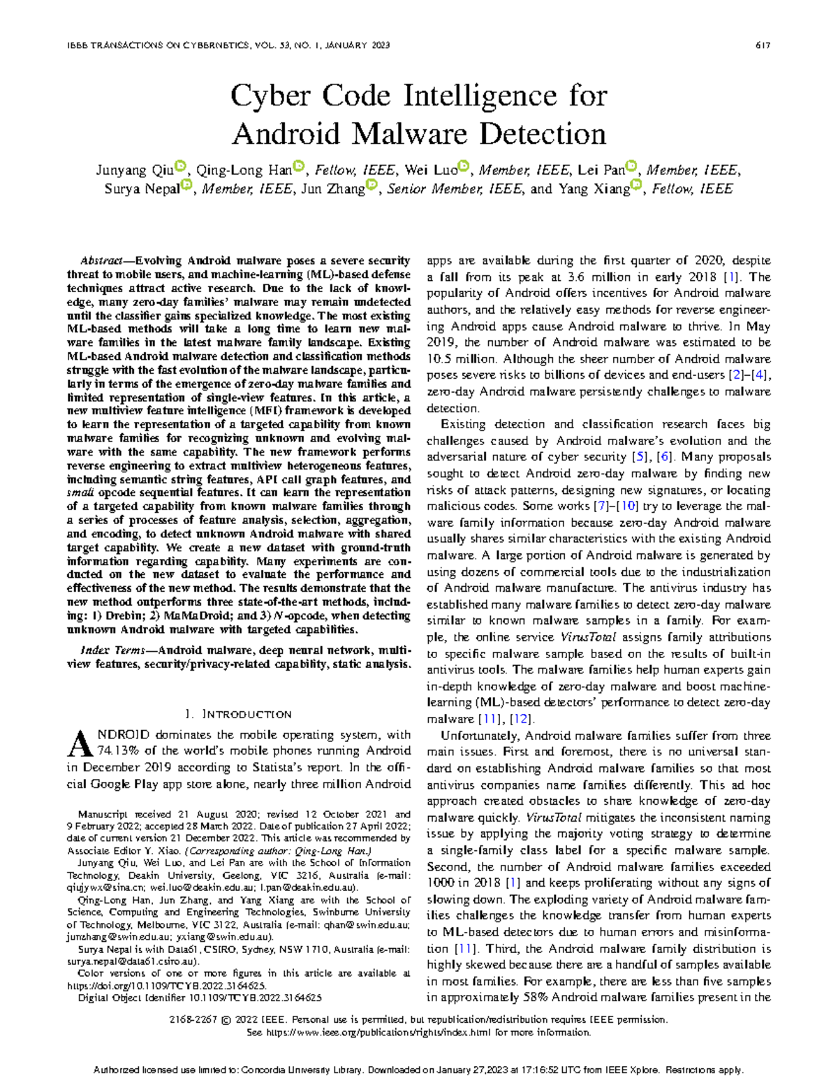Cyber Code Intelligence For Android Malware Detection Inse 6130