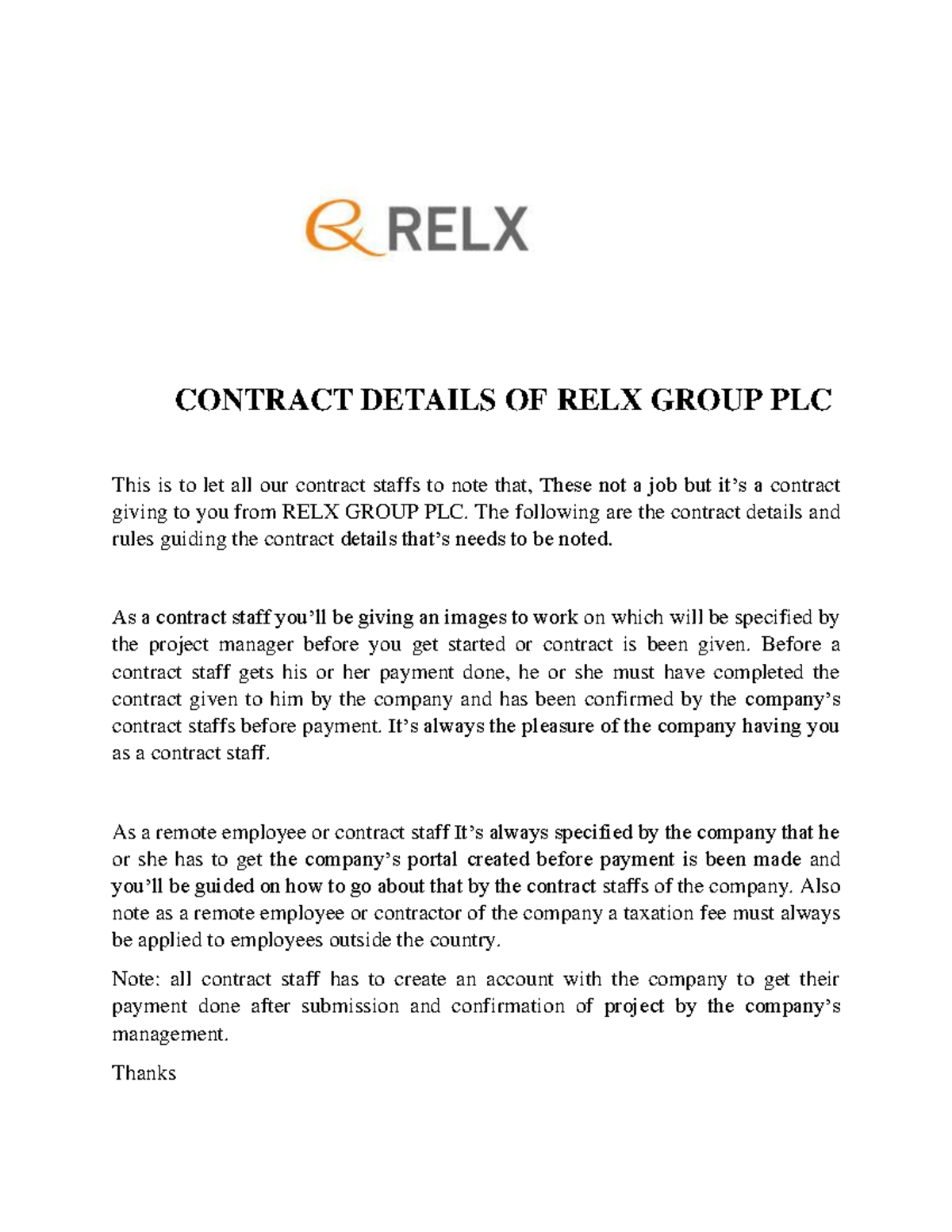 Contract - Tutto bello - CONTRACT DETAILS OF RELX GROUP PLC This is to ...