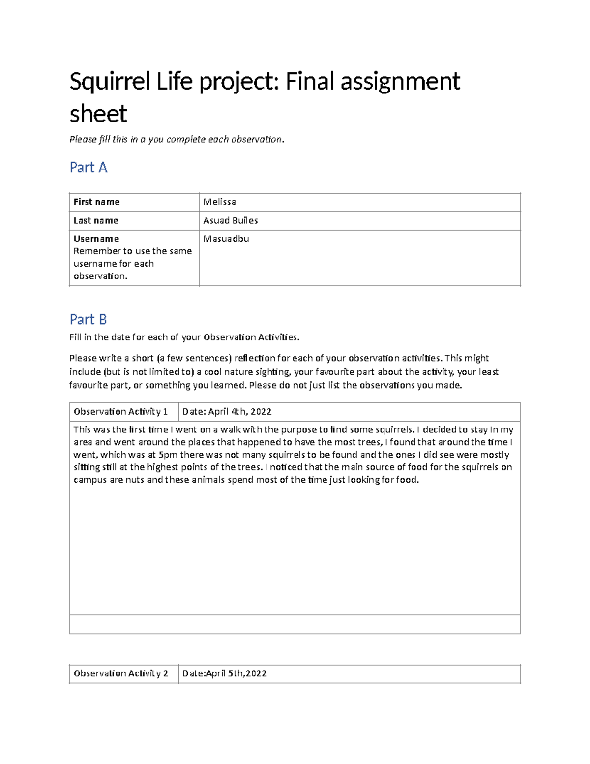 Squirrel Life project worksheet W22 - Squirrel Life project: Final ...