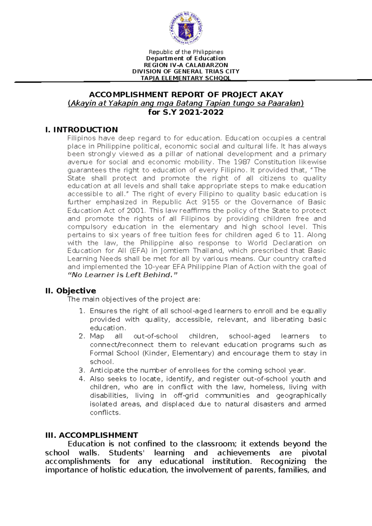 Accomplishment- Report-OF- Project-AKAY 1 - Republic of the Philippines ...
