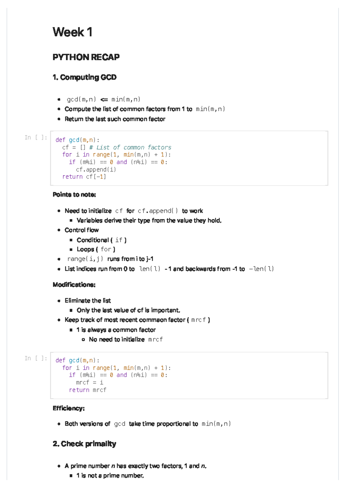 WeeK_1_colab_notebook - Week 1 PYTHON RECAP 1. Computing GCD gcd(m,n)