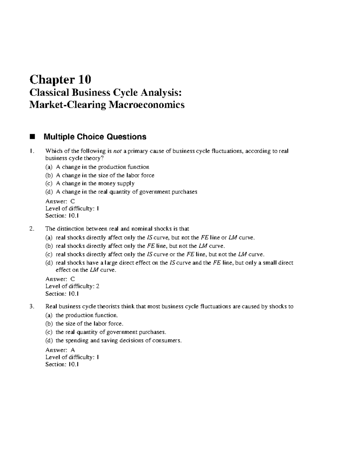 Macro 95ex10 - Chapter 10 Classical Business Cycle Analysis: Market-Clearing Macroeconomics T ...