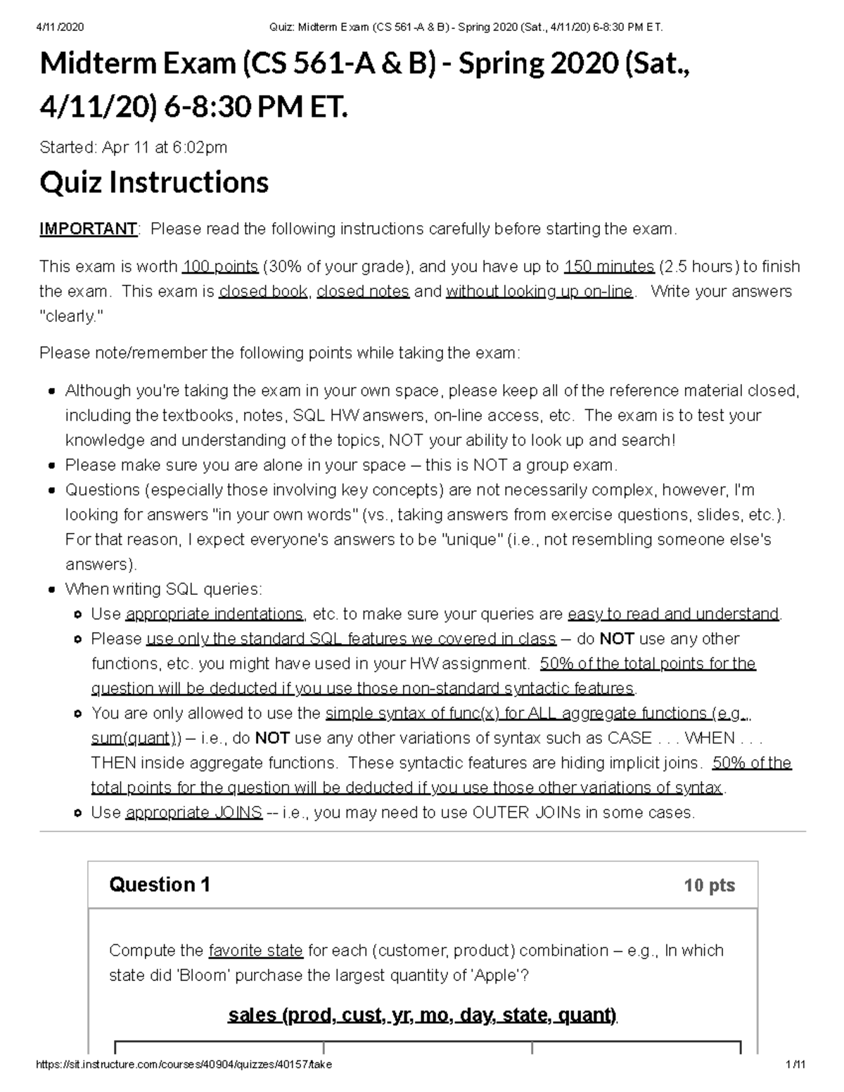 Quiz Midterm Exam CS 561 A B Spring 2020 Sat - Midterm Exam (CS 561-A & B) - Spring 2020 (Sat ...