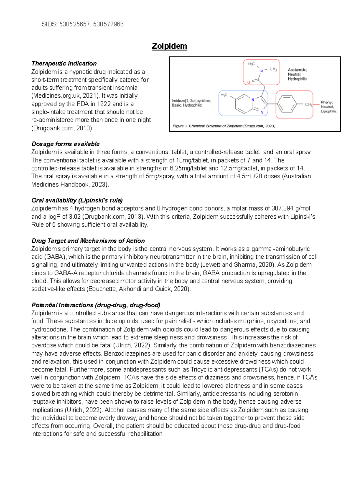 Assigned drug task - summary - SIDS: 530525657, 530577966 Zolpidem ...