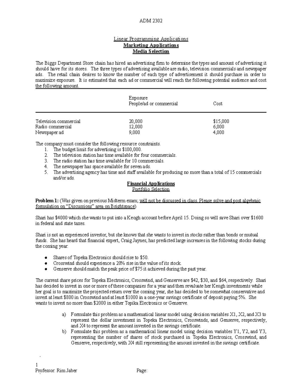 2. LP Applications - assignment 2 - ADM 2302 Linear Programming Applications Marketing ...