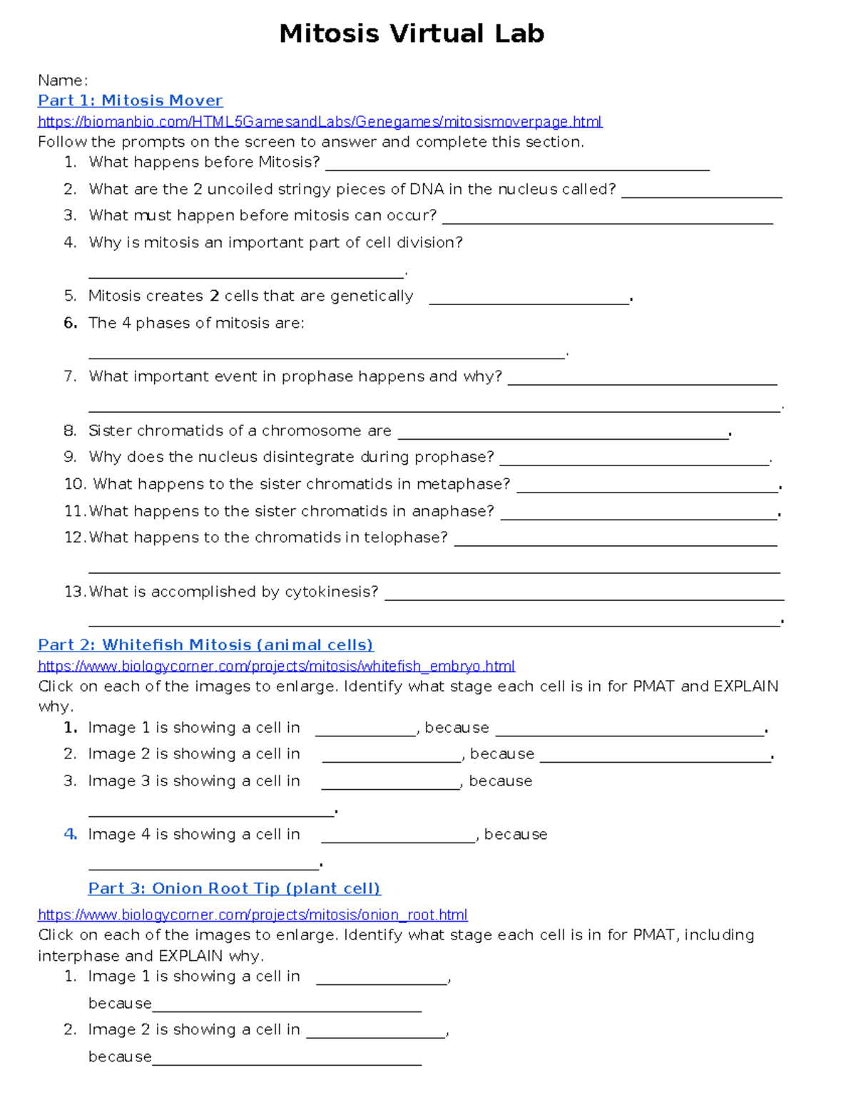 Mitosis Virtual Lab S2023 - Mitosis Virtual Lab Name: Part 1: Mitosis ...