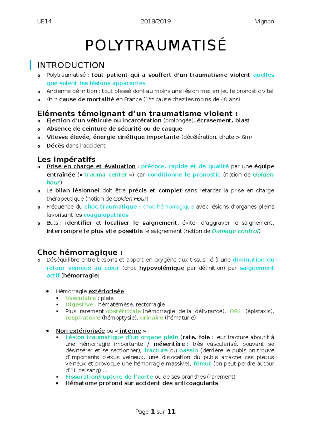 6 - POLYTRAUMATISÉ INTRODUCTION o Polytraumatisé : tout patient qui a ...