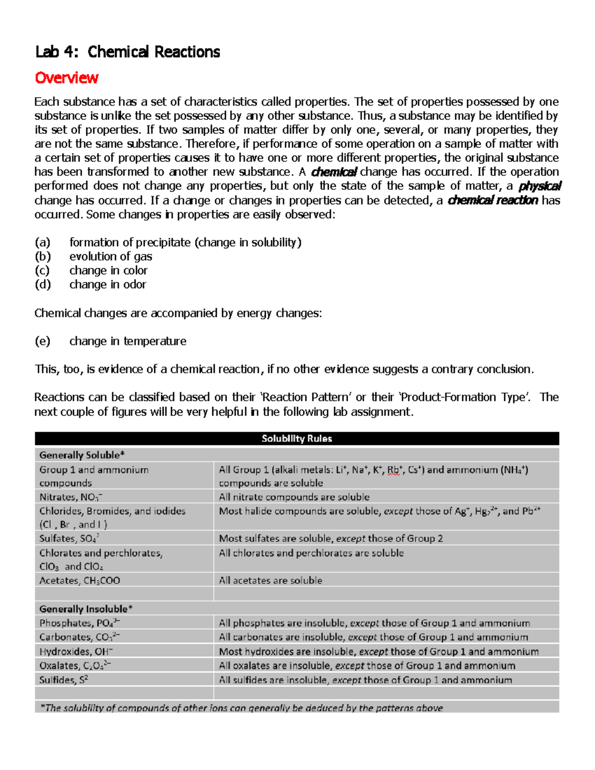 Lab4Handout Chem Rxn - chemical reactions worksheet - Lab 4 : Chemical ...