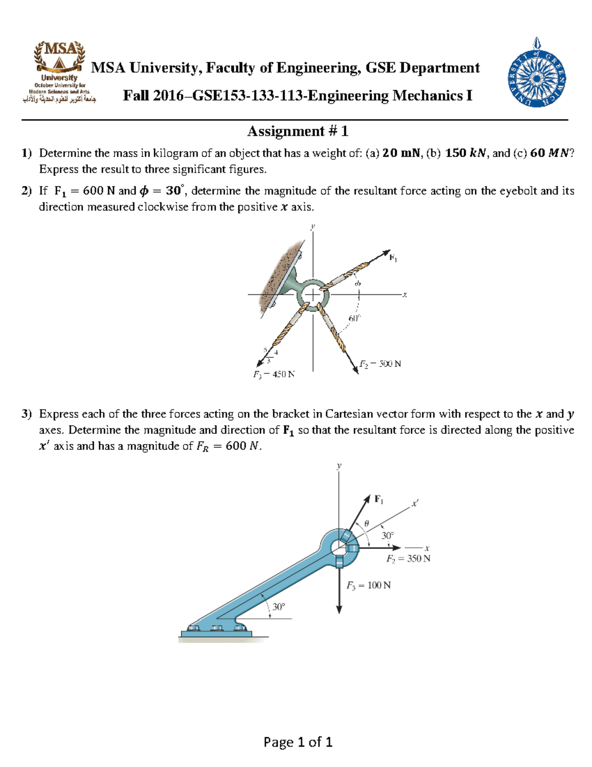Mechanics - Assignment 1 - Fall 2016 - MSA University, Faculty of ...