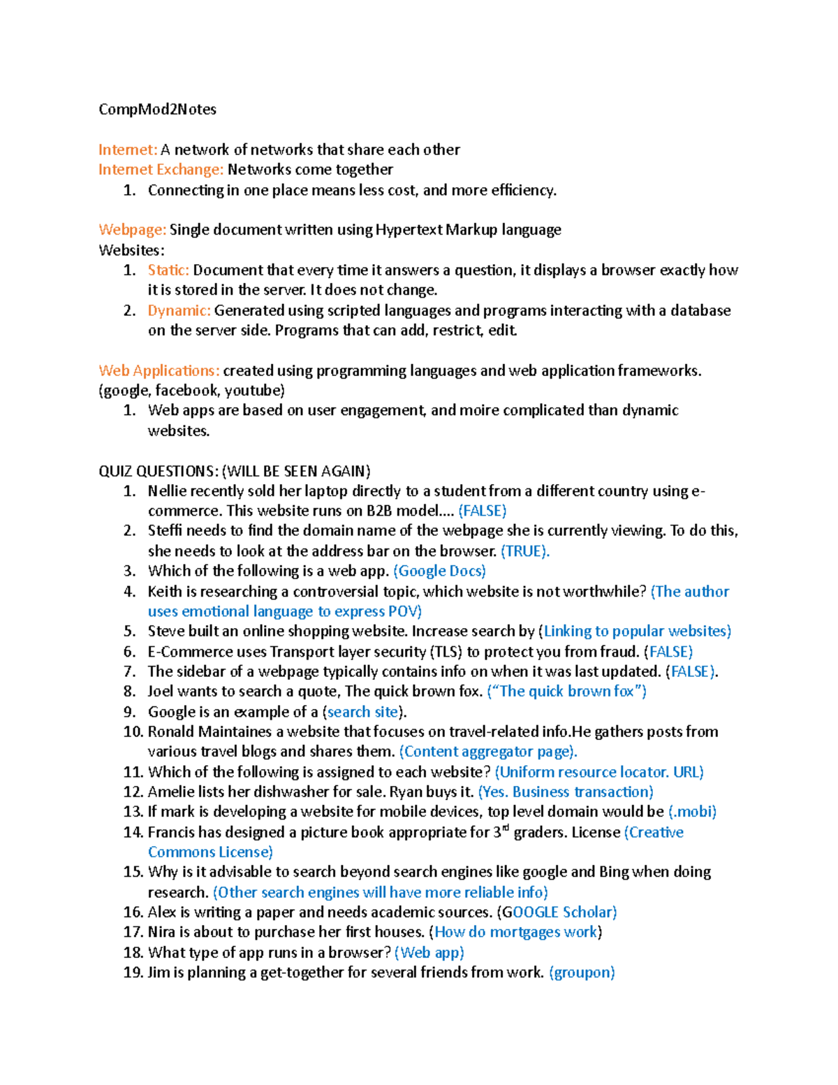 Comp Mod 2 Notes - CompMod2Notes Internet: A network of networks that ...