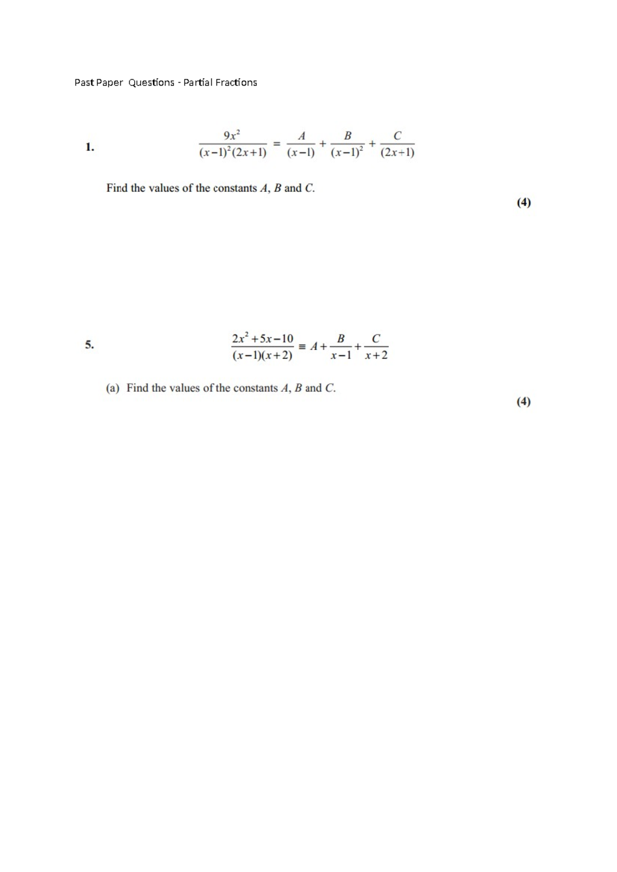 Partial Fractions Past Paper Questions - Past Paper Questions Partial ...