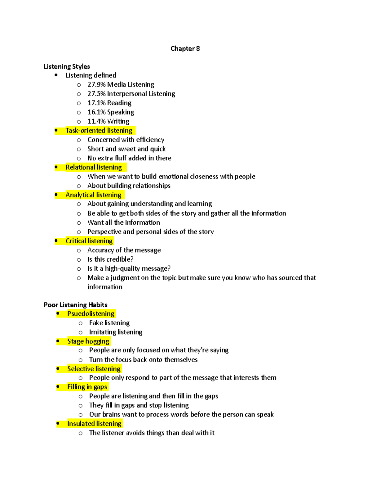 Chapter 8 - Chapter 8 Listening Styles Listening defined o 27% Media Listening o 27% ...
