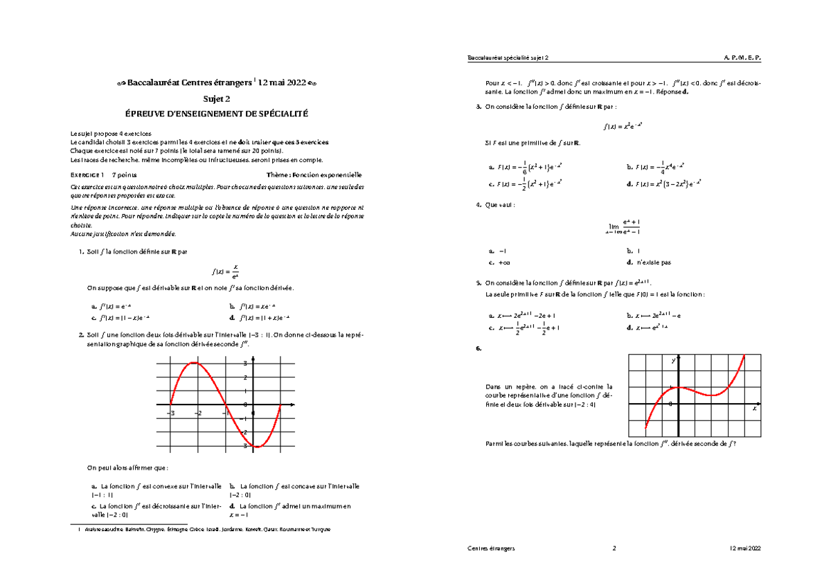 Maths Baccalauréat Centres étrangers 1 12 mai 2022 - ! Baccalauréat ...