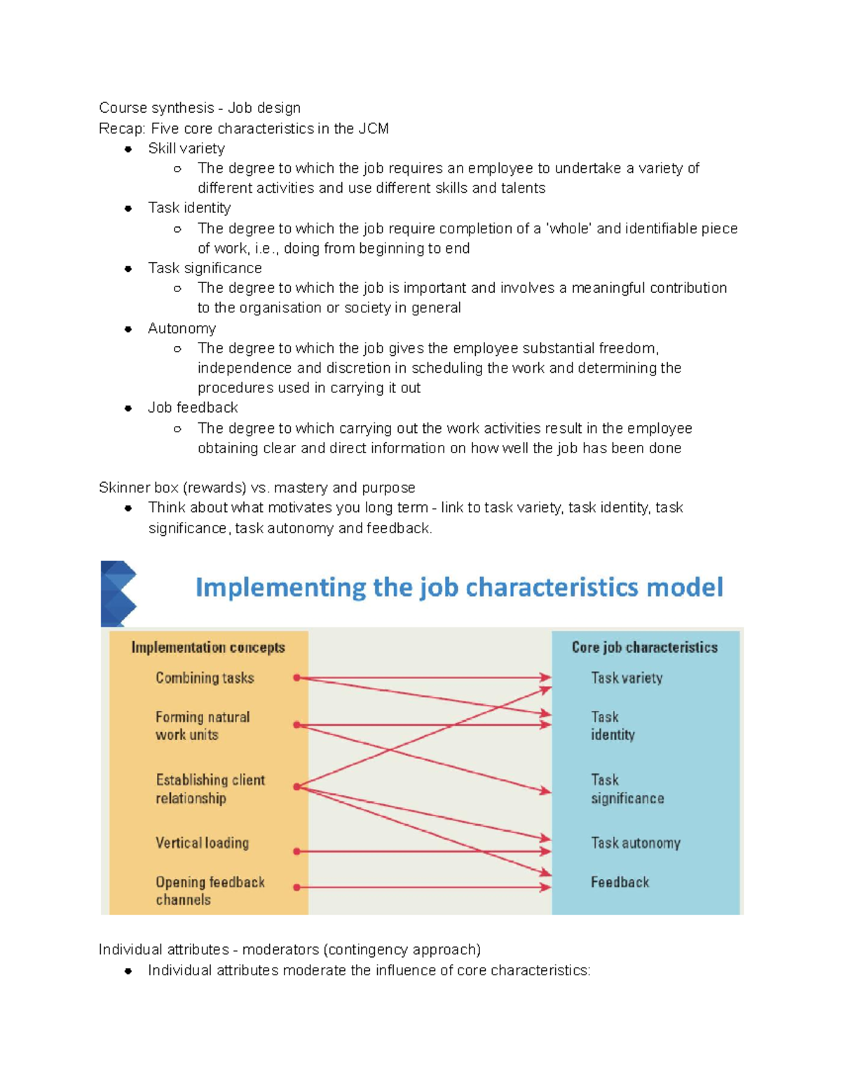 Week 6 workshop - Course synthesis - Job design Recap: Five core ...