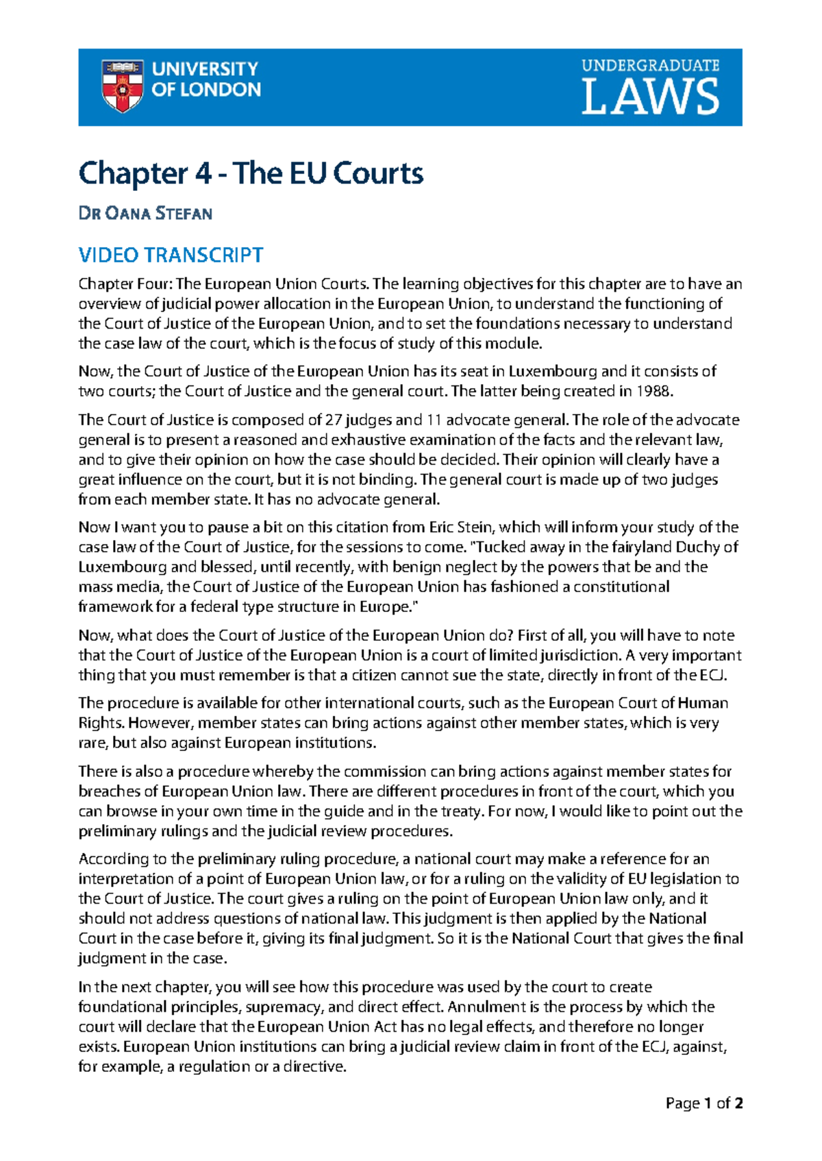EU Ch 4 Transcript - Page 1 of 2 Chapter 4 - The EU Courts VIDEO ...