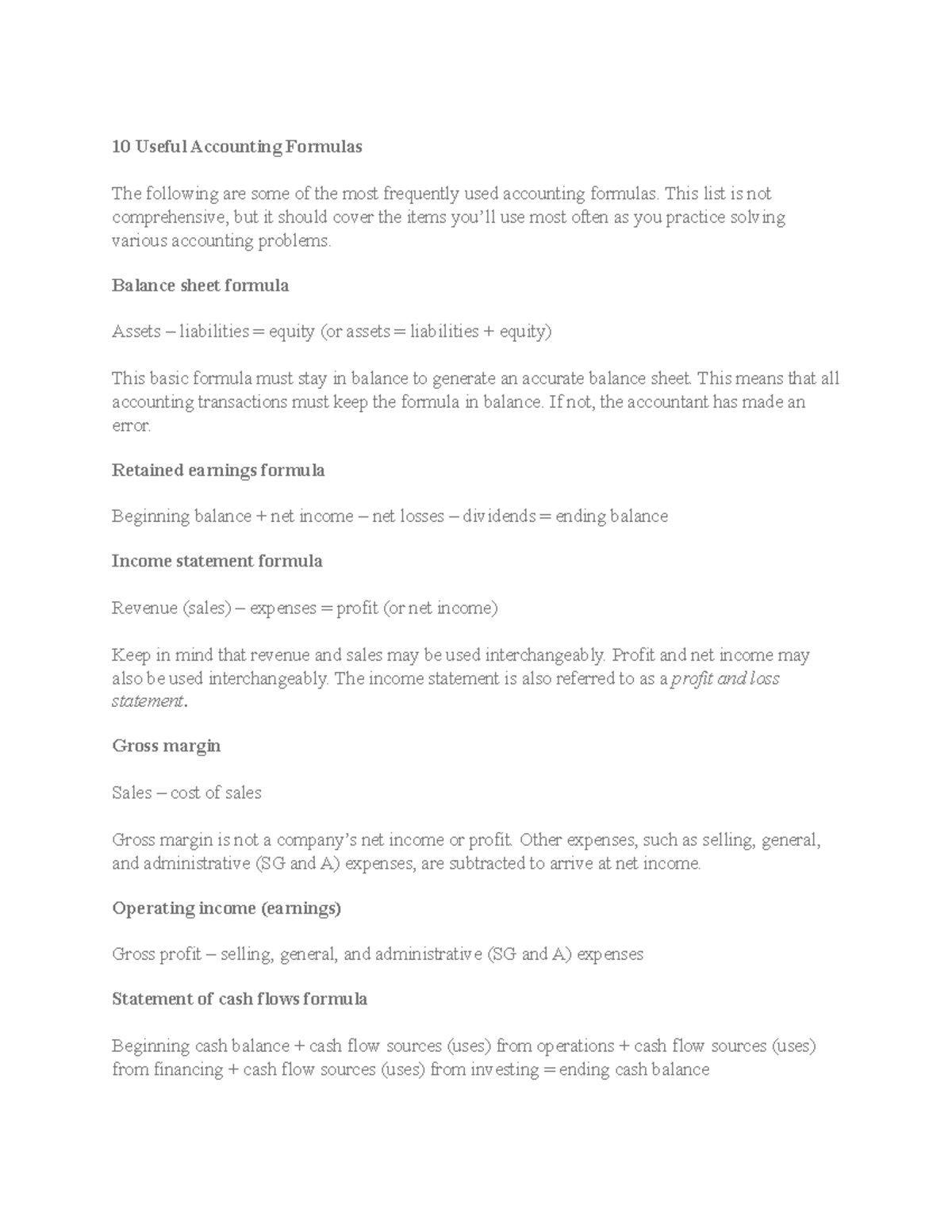 Ten Accounting Formulas that will be used throughout the course - ACC ...