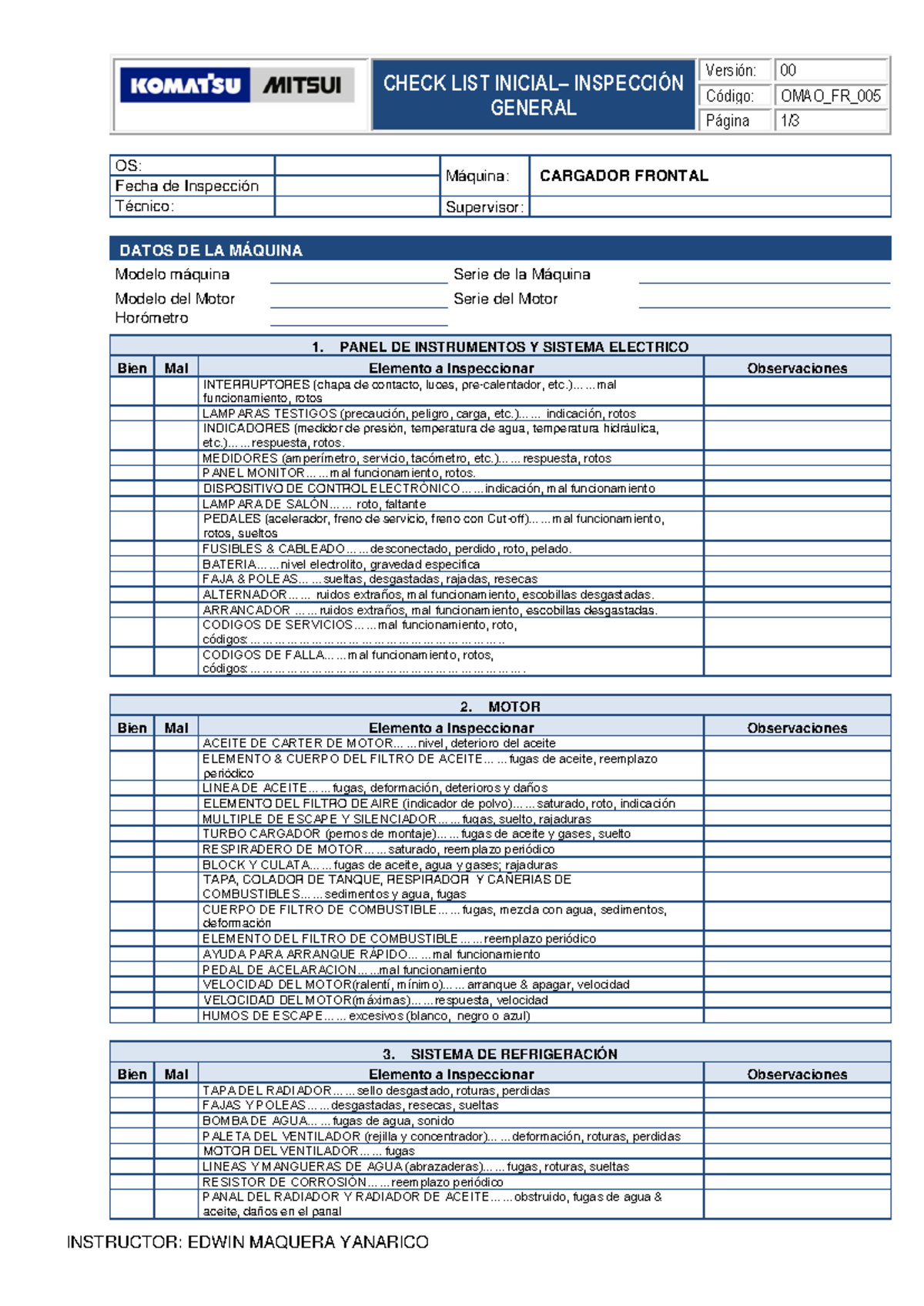 01 Checklist inicial Inspección General Cargador frontal - cepción e ...