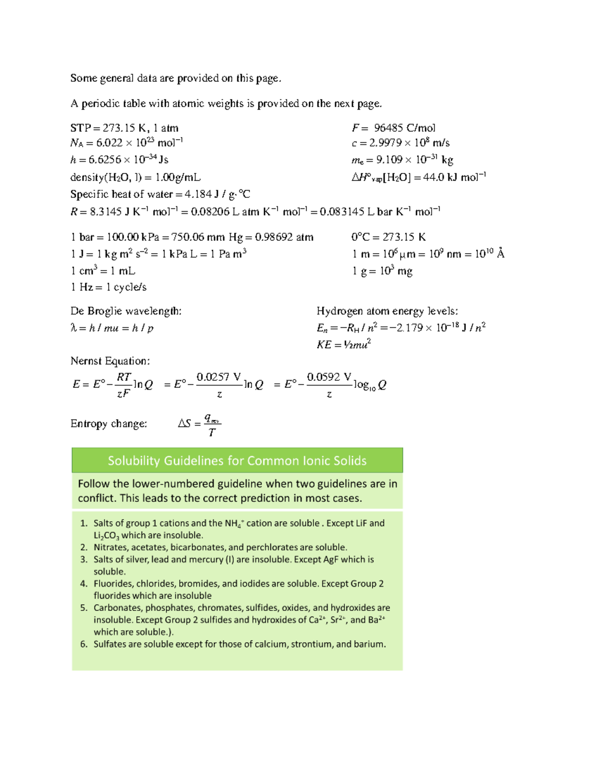 Sample Infosheets - material required for lab - Some general data are ...