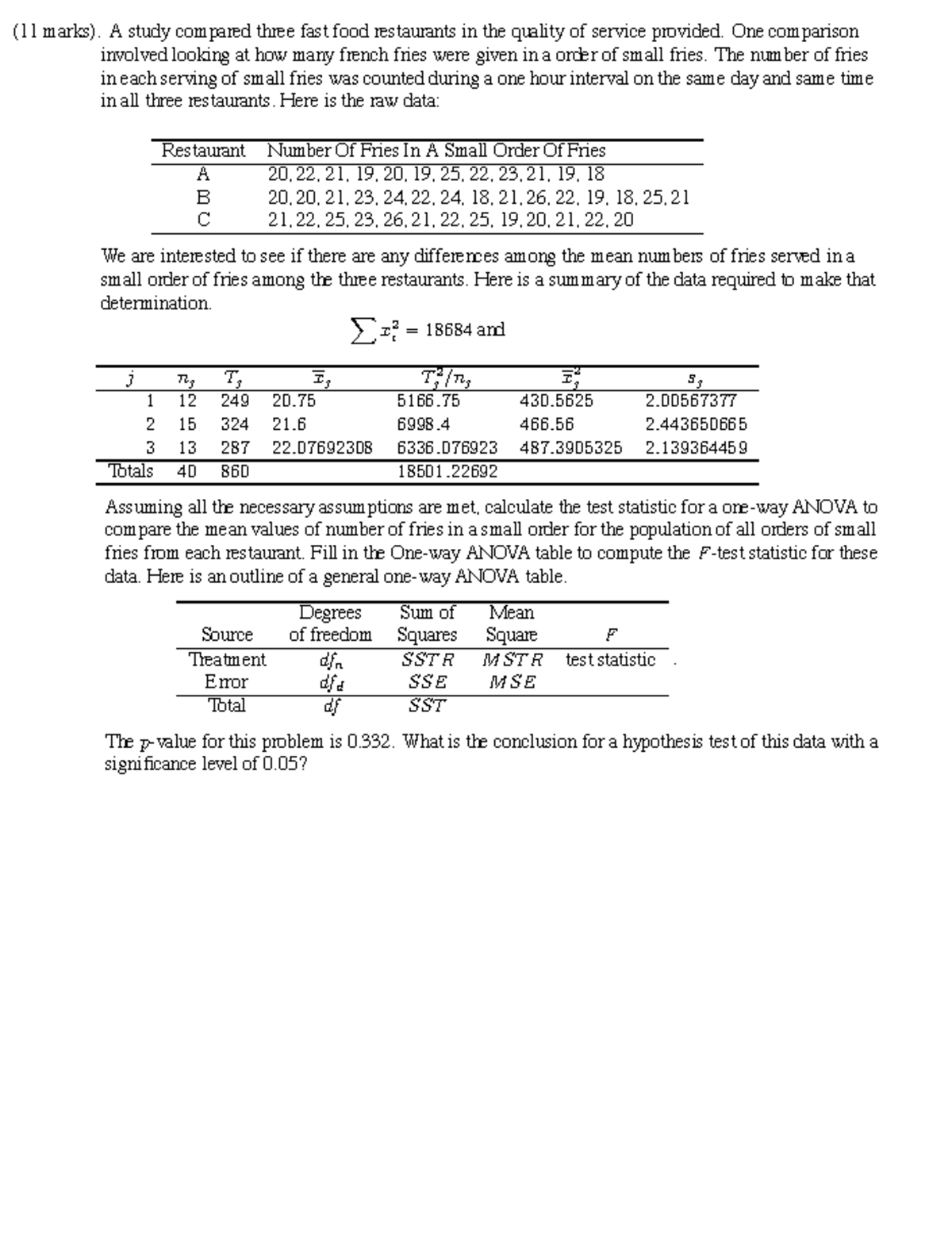 Anova Practice Problem - ∑ 9. 2 2 2 i j j j j j j j n d x j n T x T /n ...
