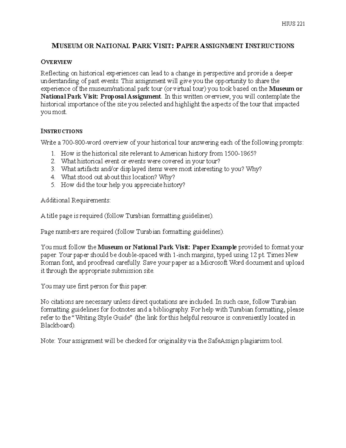 Museum or National Park Visit Paper Assignment Instructions(1) - HIUS ...