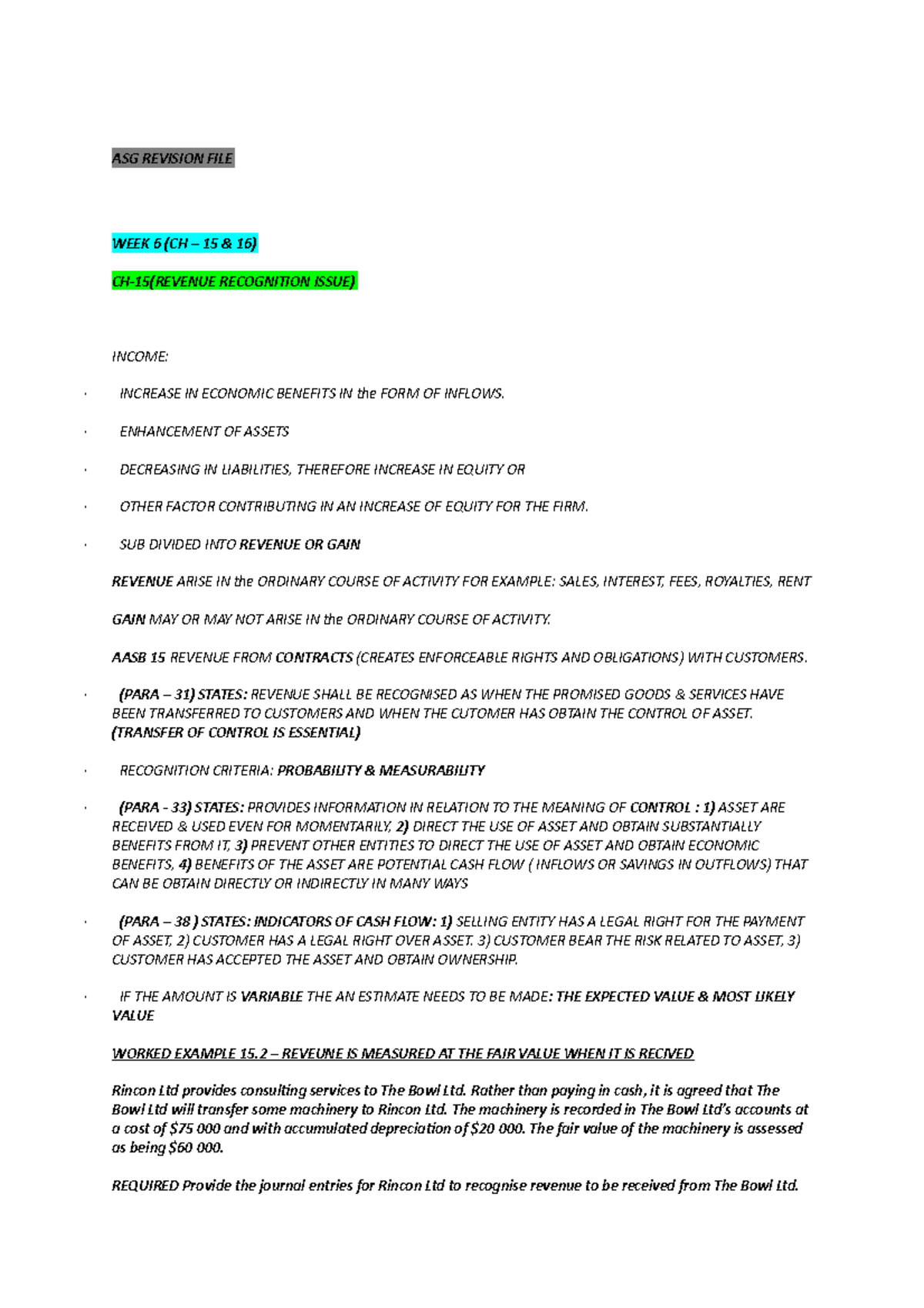 ASG Revision - ASG REVISION FILE WEEK 6 (CH – 15 & 16) CH-15(REVENUE ...
