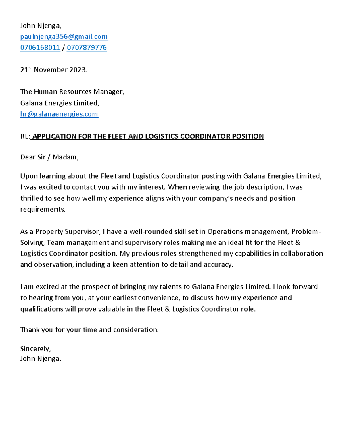 Fleet AND Logistics Coordinator Application, JOHN Njenga CV & Cover ...