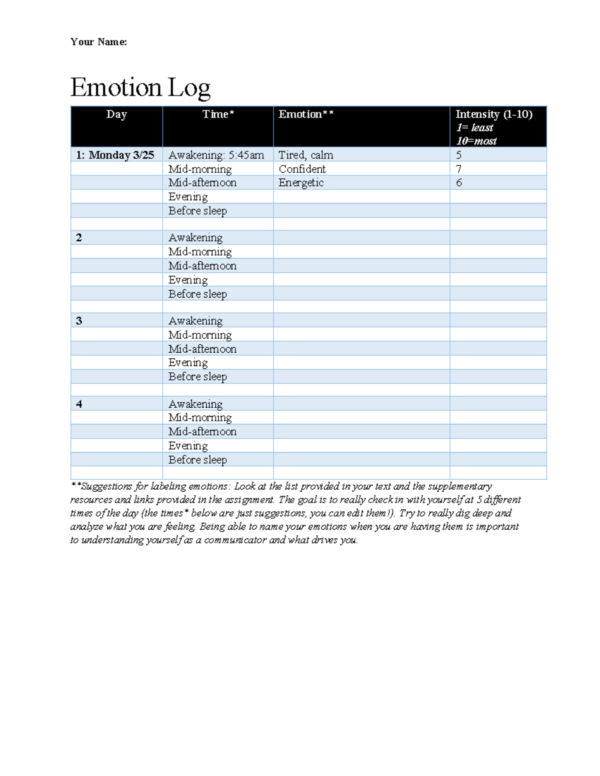 Emotion Log-1 - Your Name: Emotion Log Day Time* Emotion** Intensity (1 ...