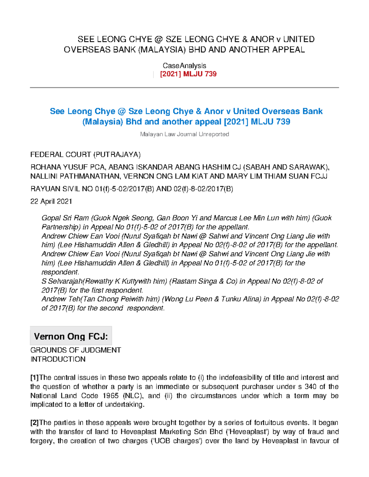 2021 - See Leong Chye @ Sze Leong Chye & Anor v United Oversea - SEE ...
