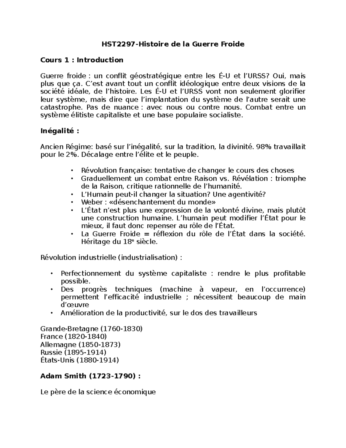 Notes de cours HST2297 - HST2297-Histoire de la Guerre Froide Cours 1 ...