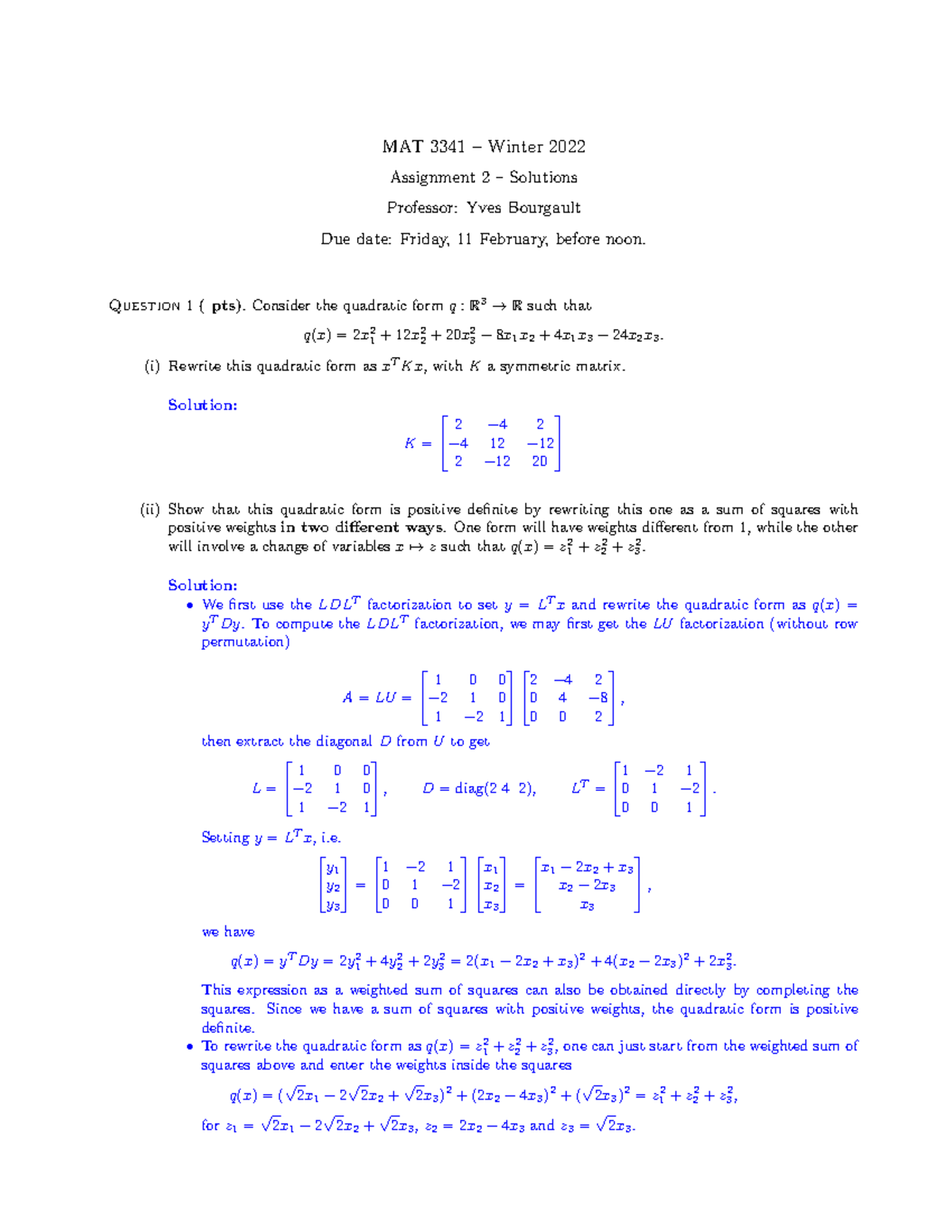 Assignment 2 Solutions MAT 3341 - MAT 3341 – Winter 2022 Assignment 2 – Solutions Professor ...