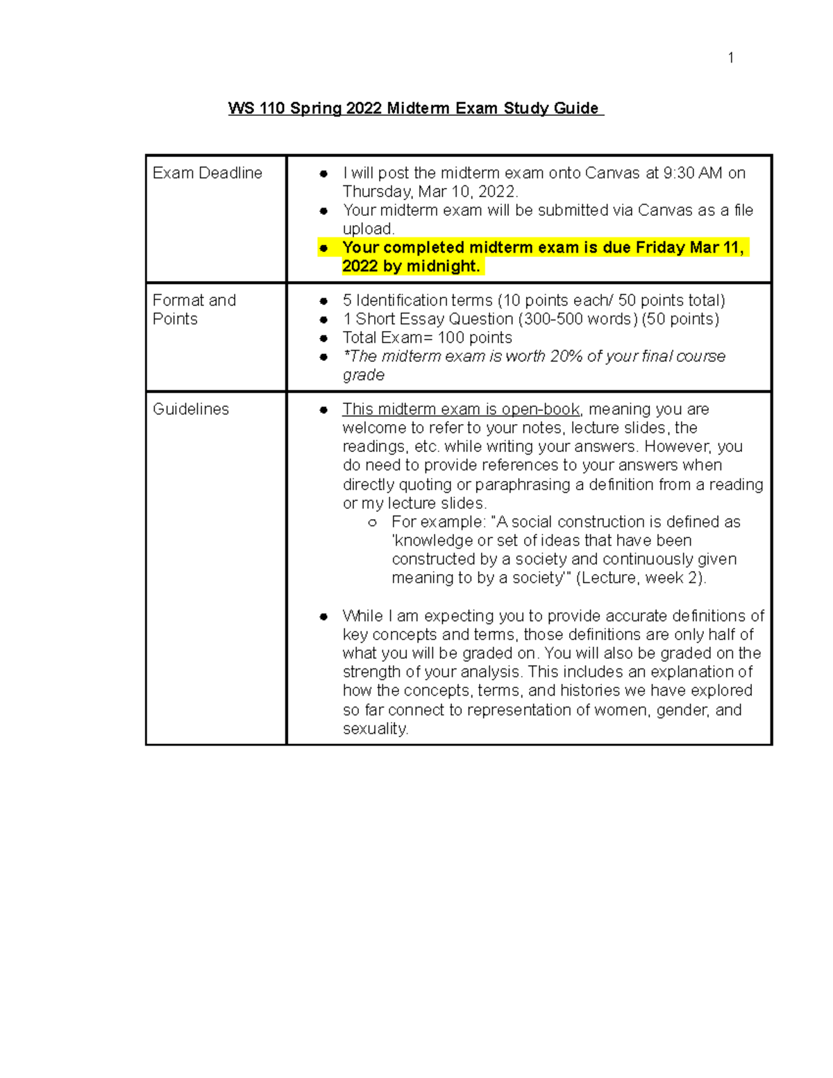 WS 110 Midterm Study Guide - WS 110 Spring 2022 Midterm Exam Study ...