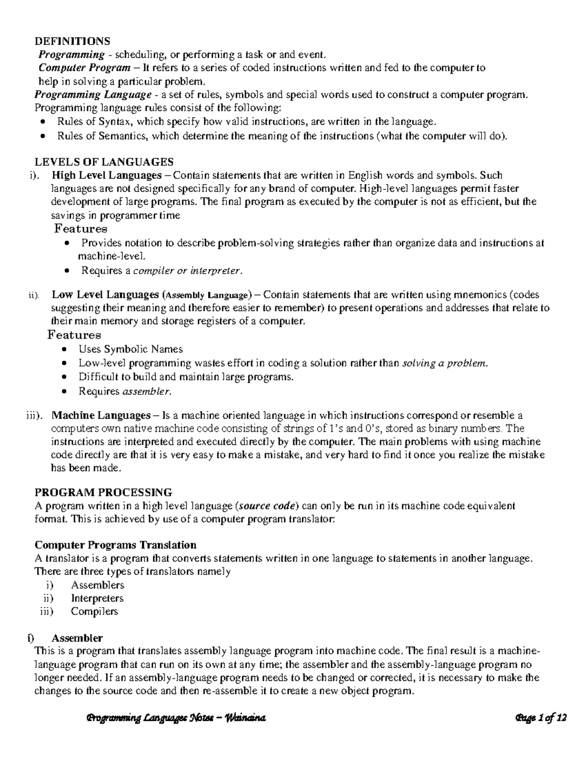 BCT 2104 Notes - DEFINITIONS Programming - scheduling, or performing a ...