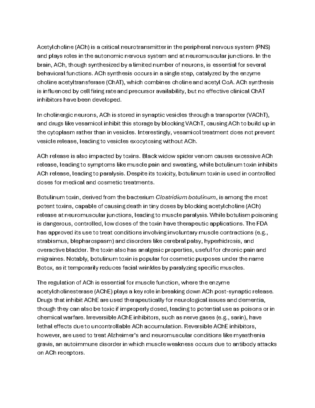 7PSYC450 Chapter 7Ac H - SUMMARY - Acetylcholine (ACh) is a critical neurotransmitter in the ...