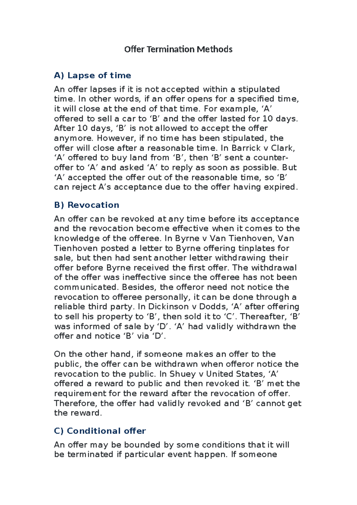 Offer Termination Methods Mid term - Offer Termination Methods A) Lapse ...