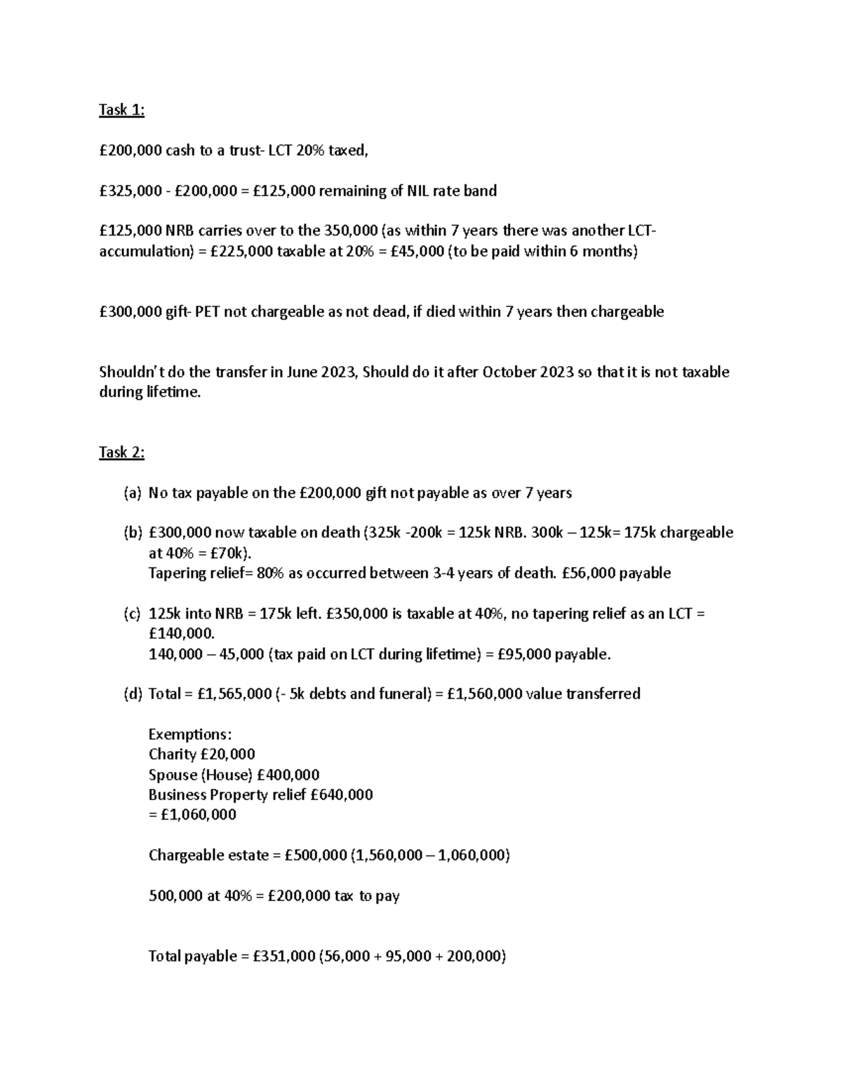 IHT notes - Task 1: £200,000 cash to a trust- LCT 20% taxed, £325,000 ...