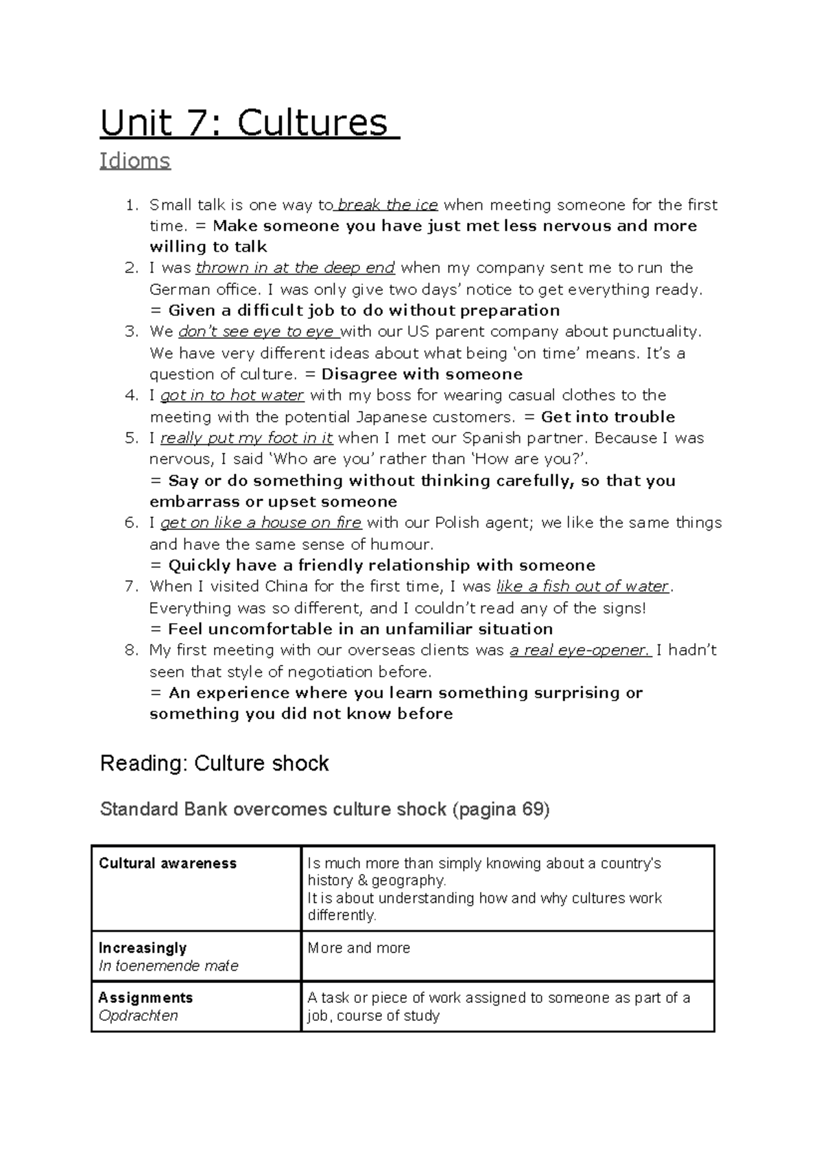 Unit 7- Cultures - Summary Market Leader - Unit 7: Cultures Idioms 1 ...