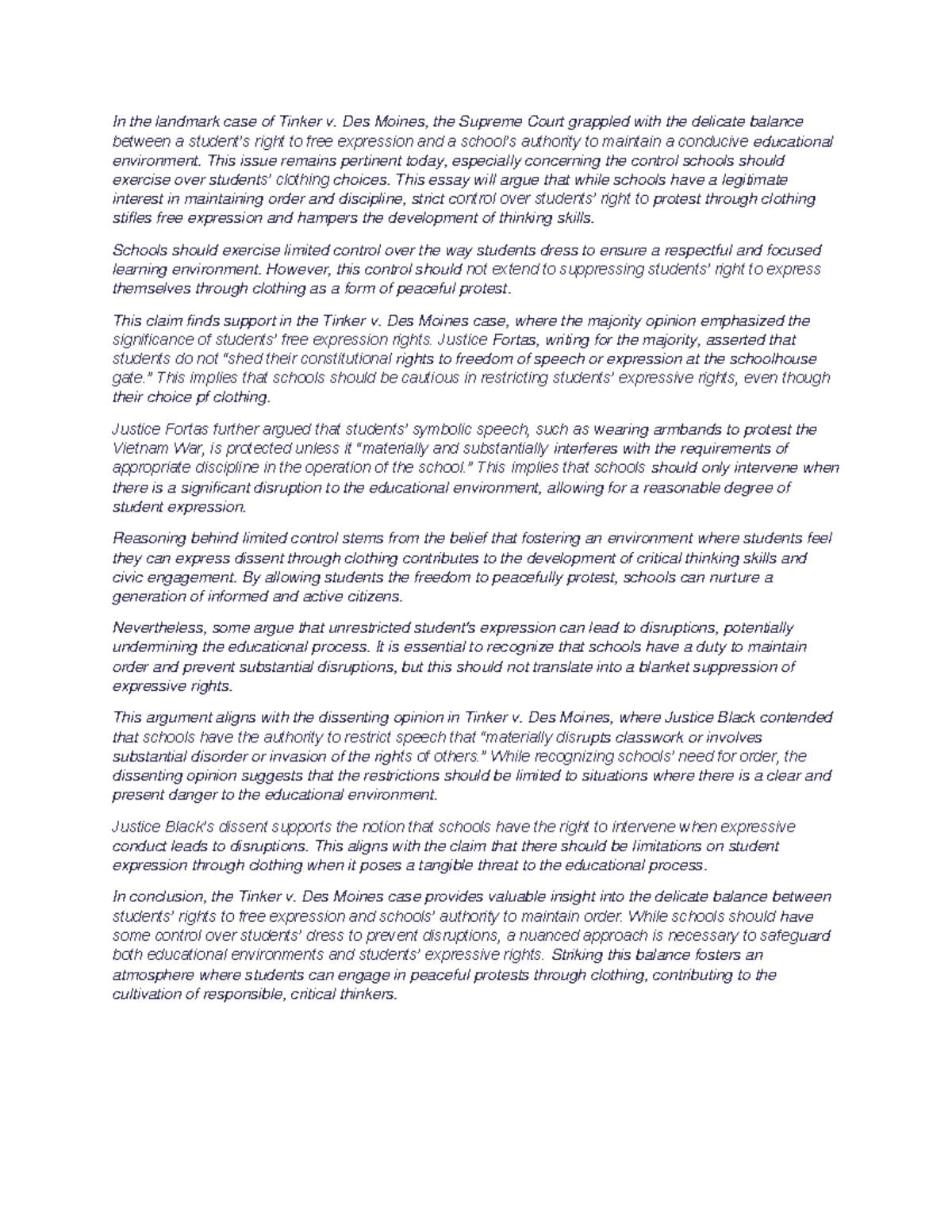 Argumentative Essay - In the landmark case of Tinker v. Des Moines, the ...