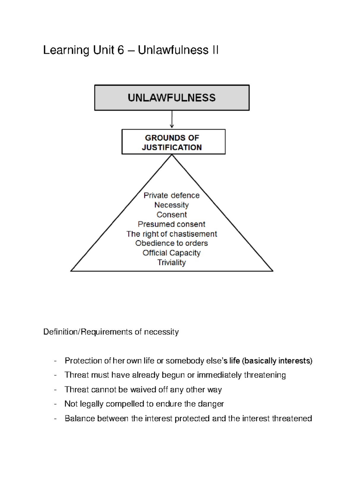 Learning Unit 6 - Learning Unit 6 – Unlawfulness II Definition ...