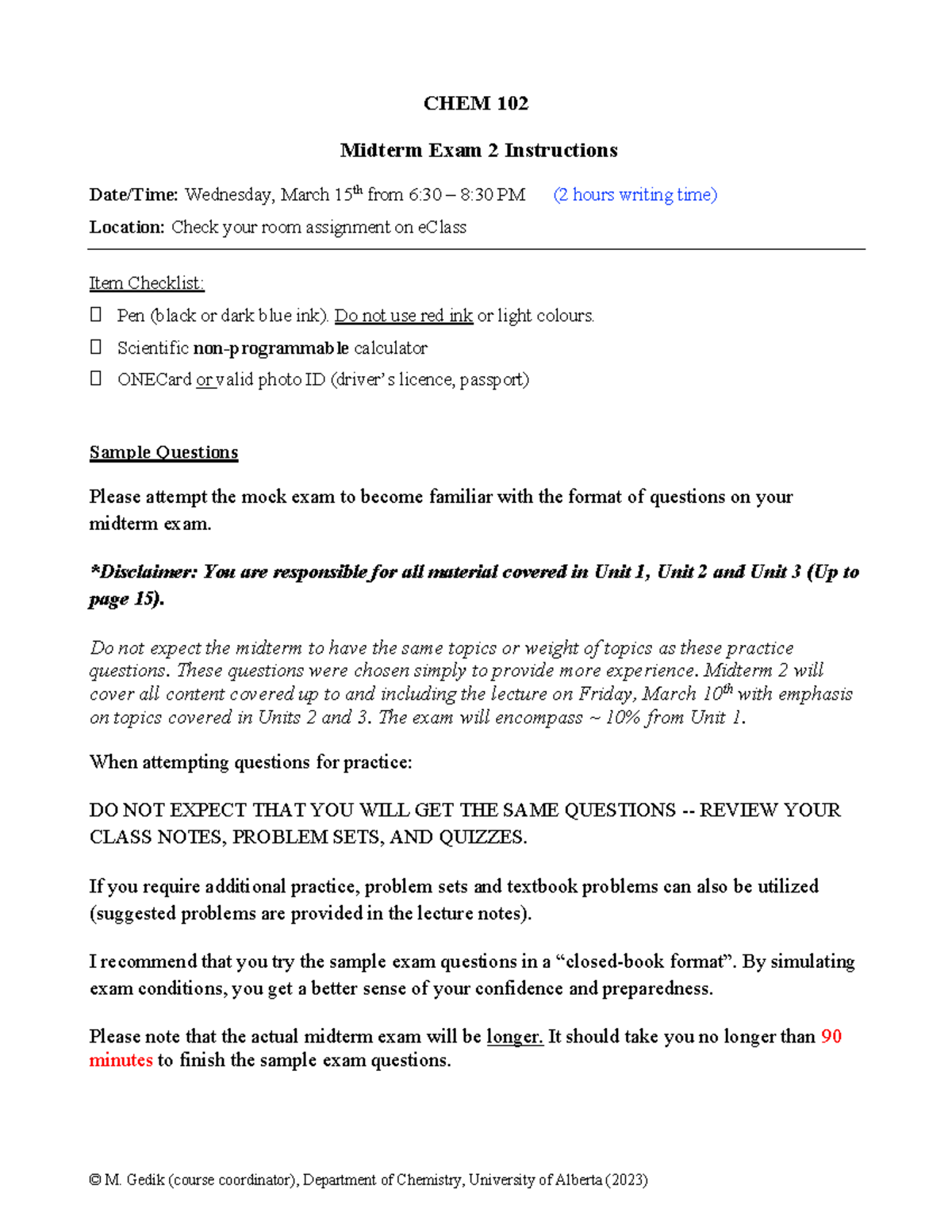 01 CHEM 102 Sample Midterm 2 Questions - CHEM 102 Midterm Exam 2 Instructions Date/Time ...