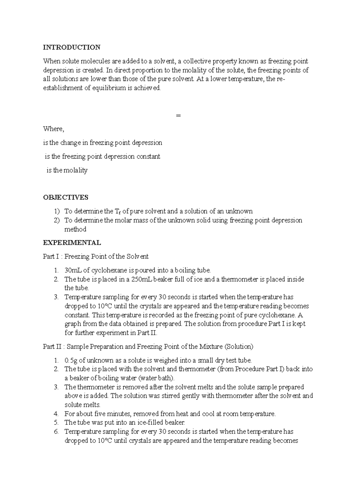 CHM LAB Report - experiment Freezing Point - INTRODUCTION When solute ...