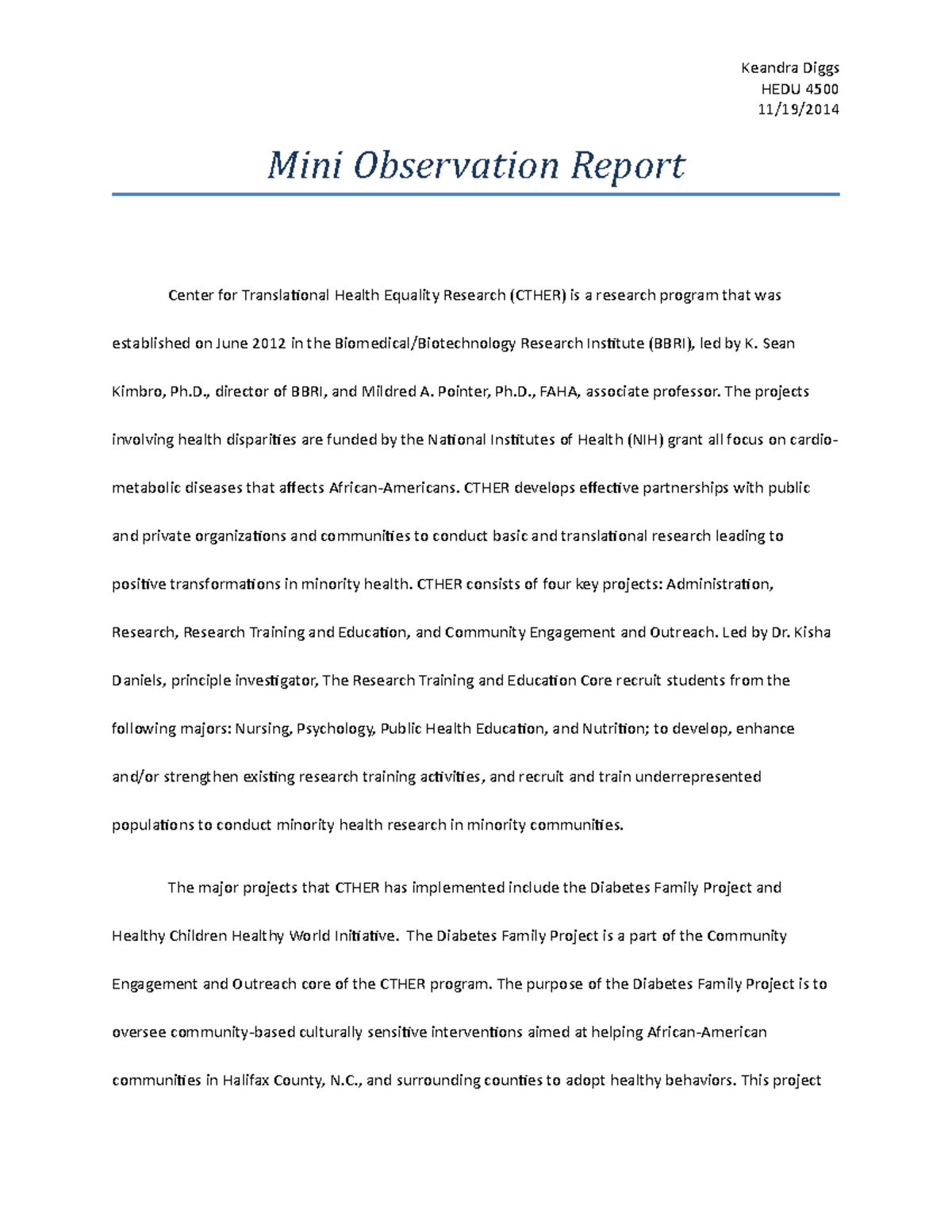 Mini Observation Report HEDU4500 - Keandra DiggsHEDU 4500 11/19/ Mini ...