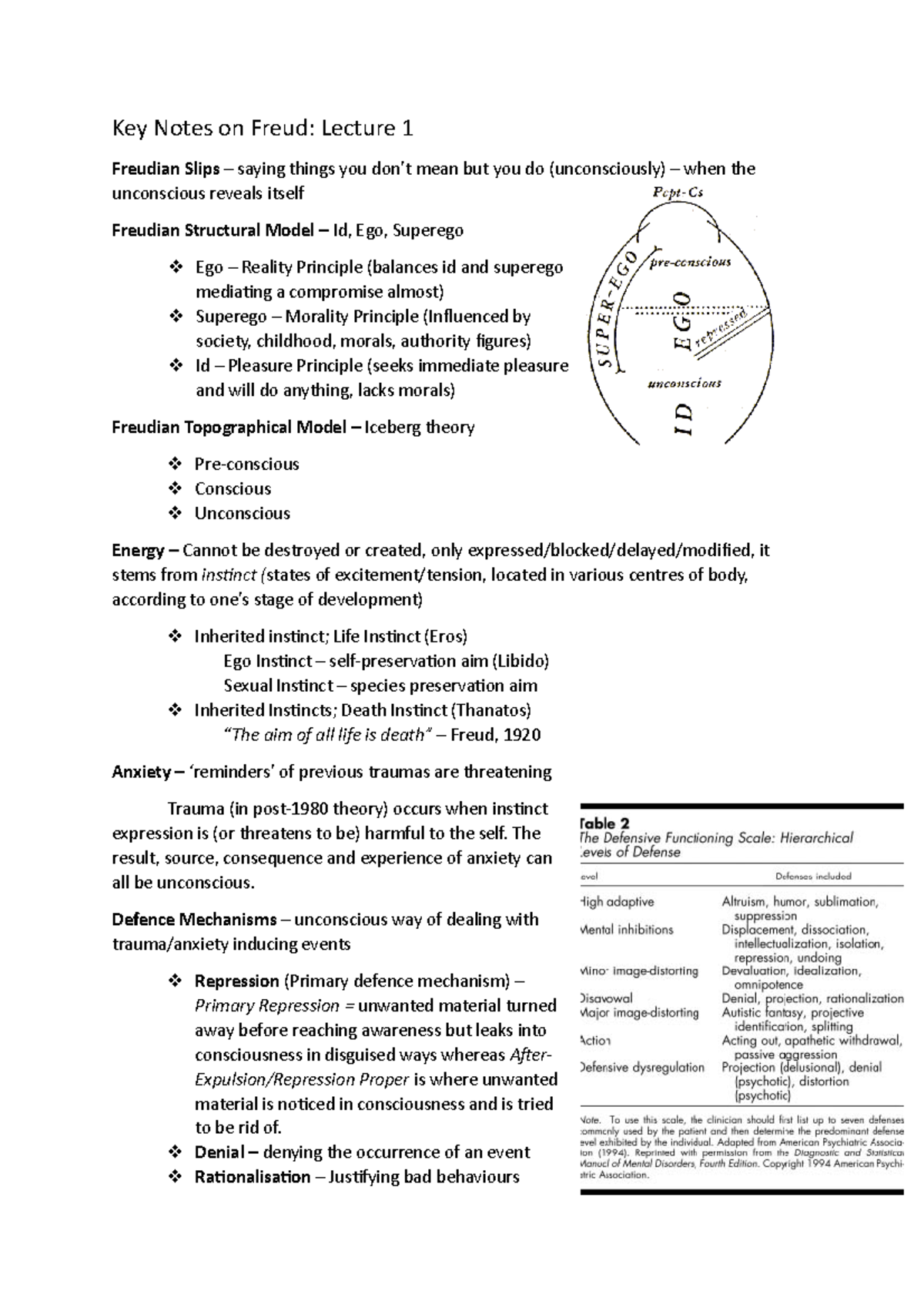 Lecture Key Notes on Freud - Key Notes on Freud: Lecture 1 Freudian ...