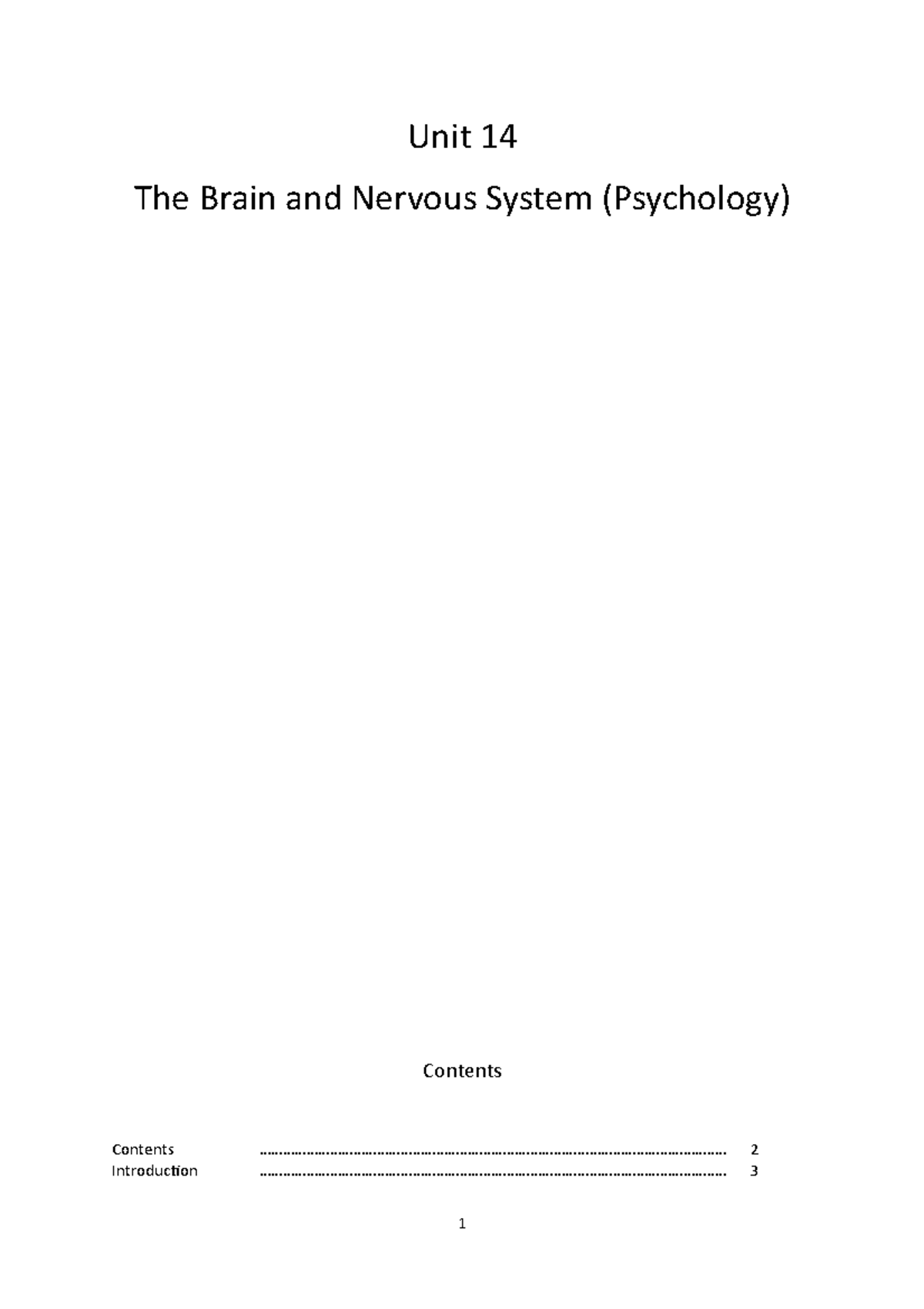 Unit 14 The Brain and Nervous System (Psychology) - Unit 14 The Brain ...