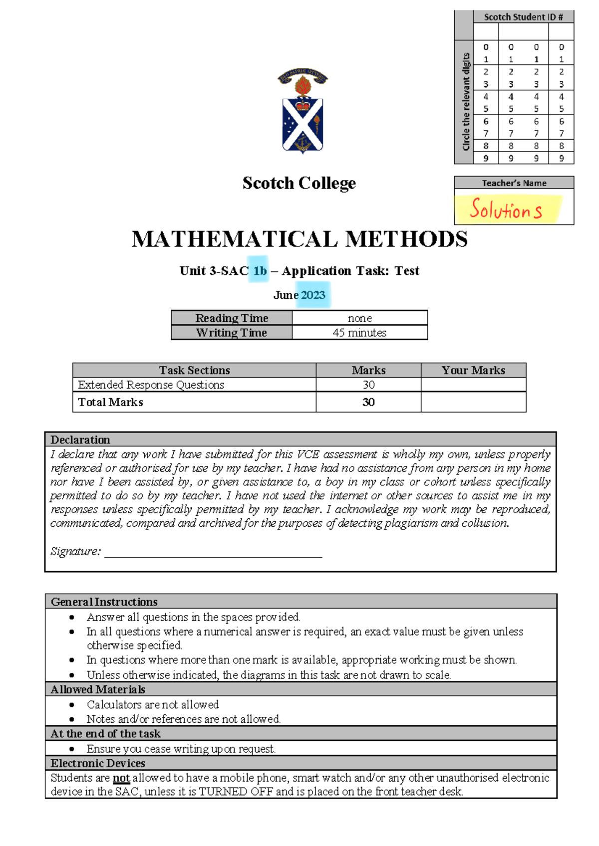 SC 2023 MM U3 SAC 1b Solutions - Scotch College MATHEMATICAL METHODS ...