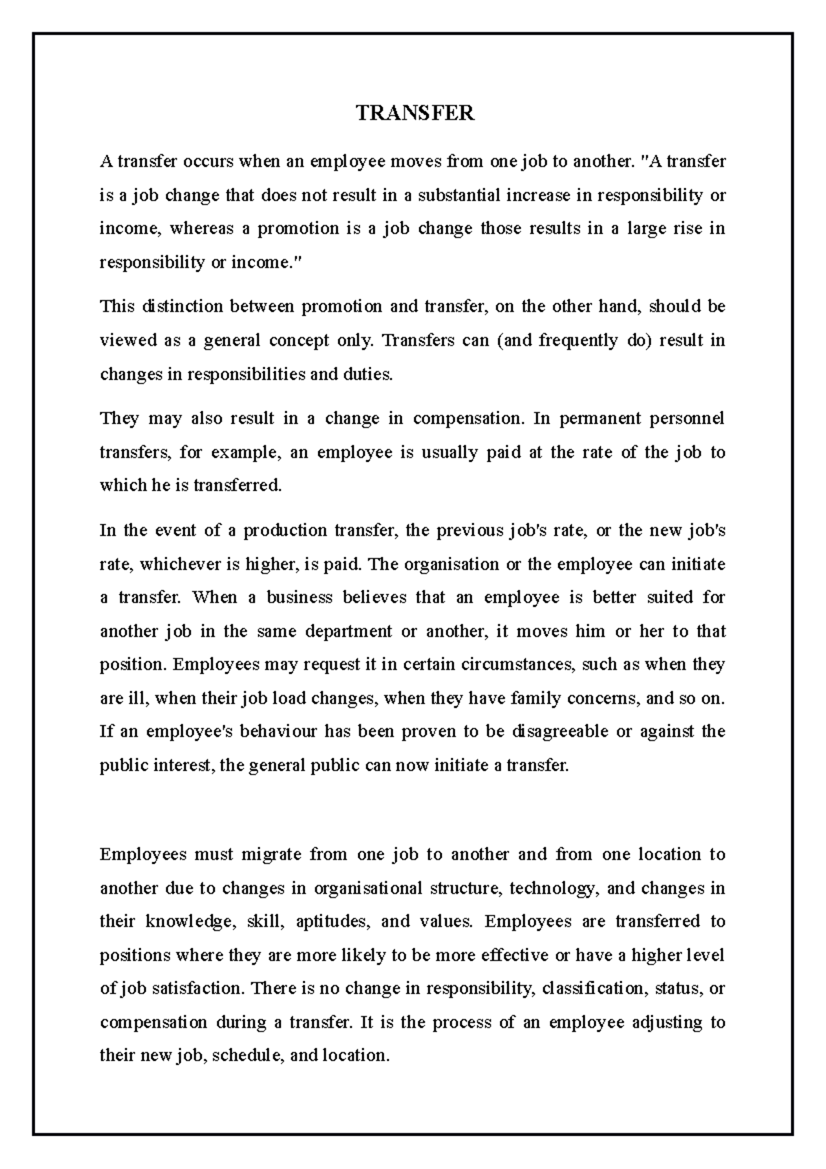 Transfer - TRANSFER A transfer occurs when an employee moves from one ...