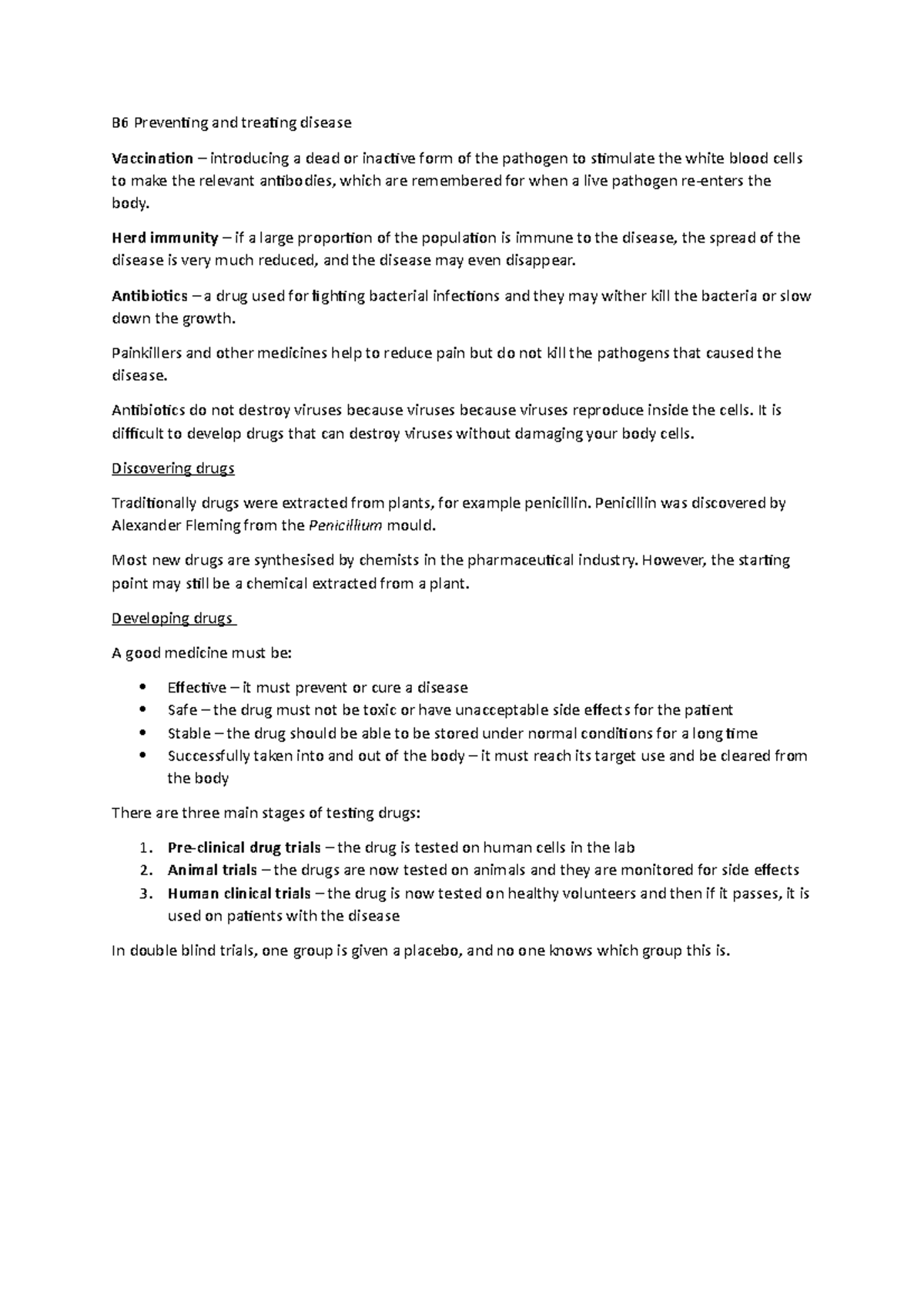 B6 Revision notes - vGCSE biology - B6 Preventing and treating disease ...