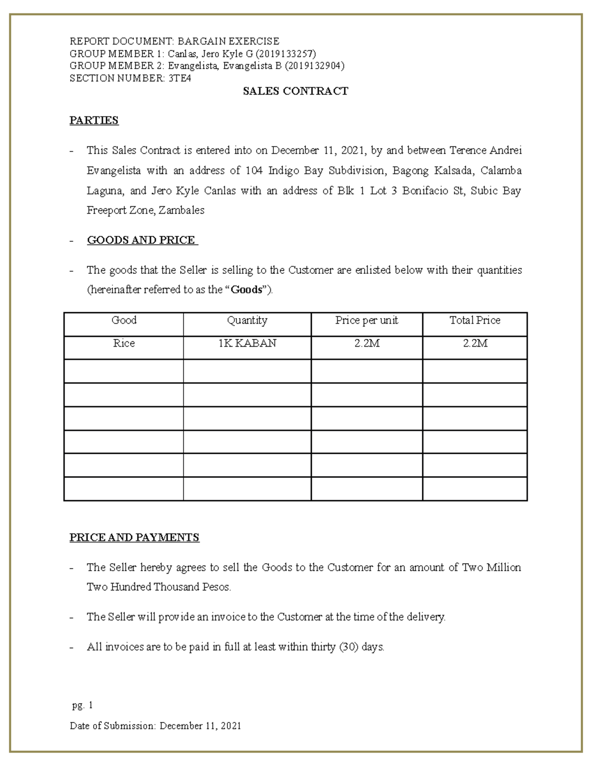 Evangelista- Sales- Contract - GROUP MEMBER 1: Canlas, Jero Kyle G ...