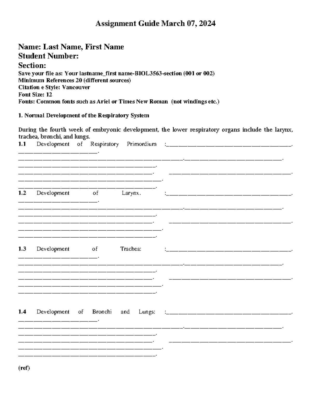 Assignment Guide - Name: Last Name, First Name Student Number: Section ...