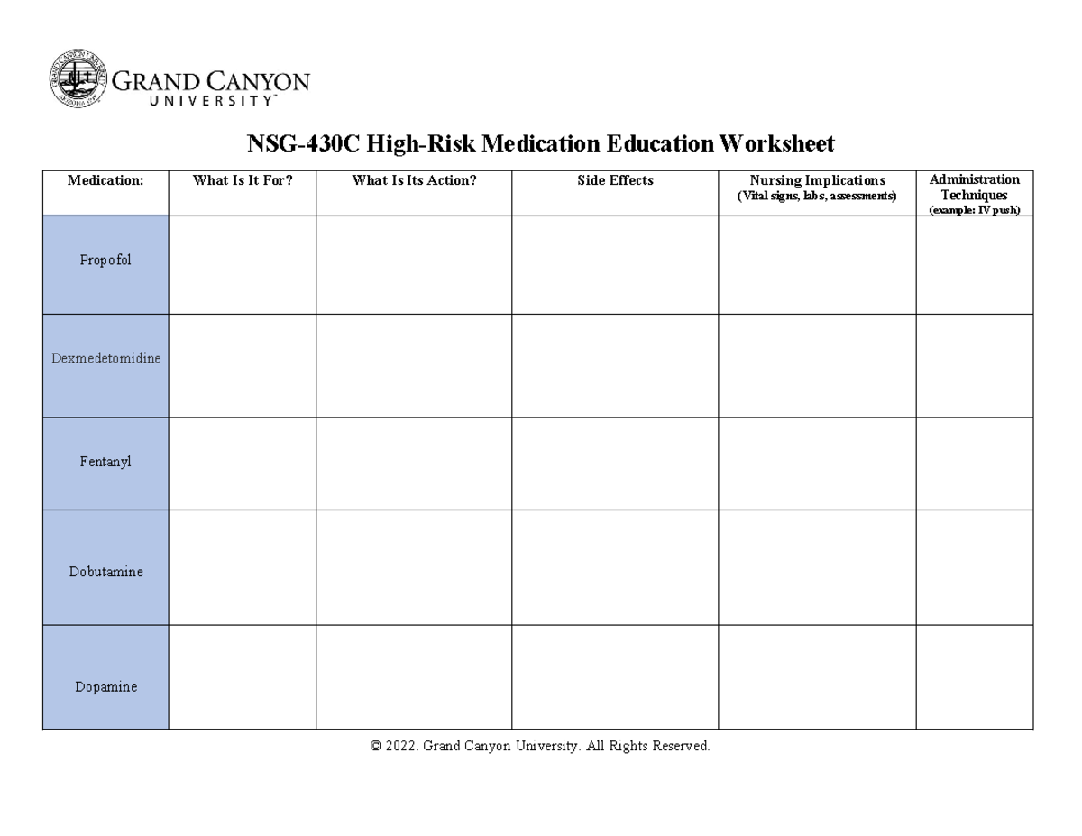 med chart sample - NSG-430C High-Risk Medication Education Worksheet ...
